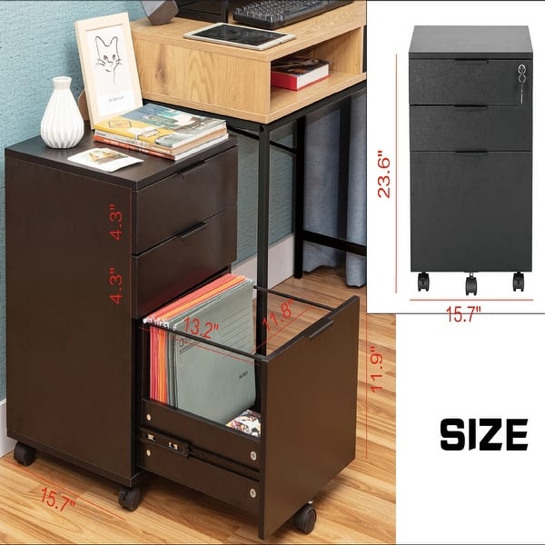JJS 3 Drawer Rolling Wood File Cabinet with Locking Wheels for A4 or ...