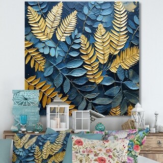 Designart "Golden And Blue Ferns Verdant Elegance" Ferns Wall Art - Bed ...