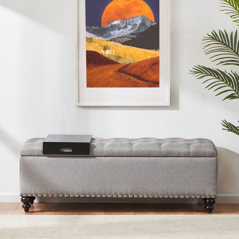 50 Inch Button Tufted Storage Bench Ottoman With Removable Tray For