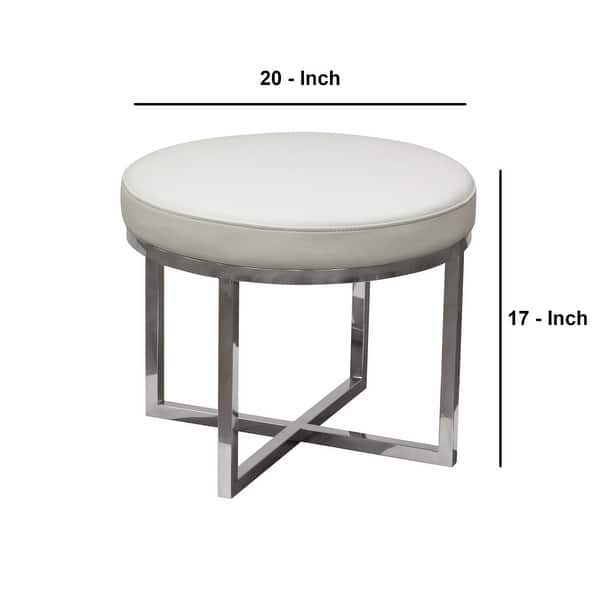 Leather Upholstered Round Accent Stool with Cross Metal Legs, White and ...
