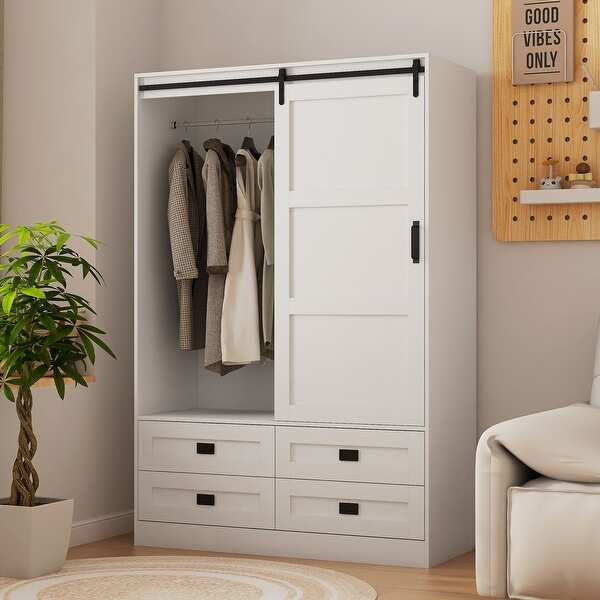Classic Sliding Barn Door Wardrobe Closet Tall Bedroom Armoire Clothing Storage Cabinet with Hanging Rod Shelves 4 Drawers On Sale Bed Bath Beyond 41031049