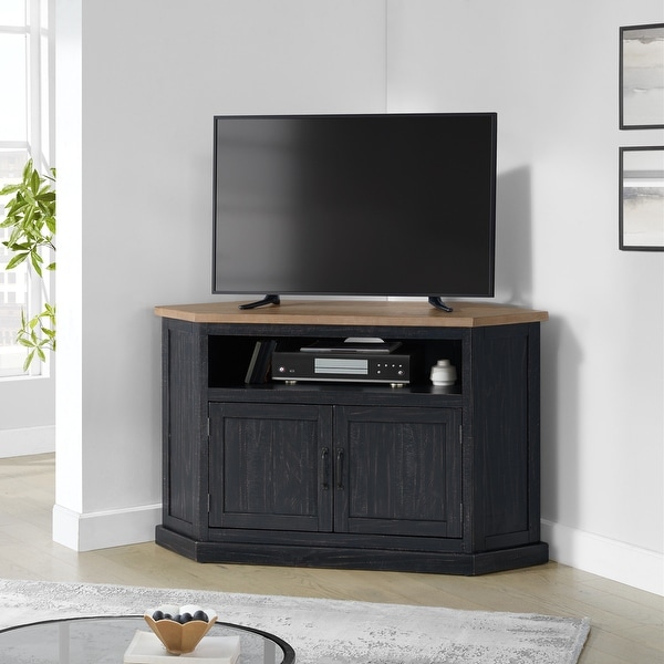 The Gray Barn Danebury Rustic 50 Inch Solid Wood Corner TV Stand Black with Driftwood Top