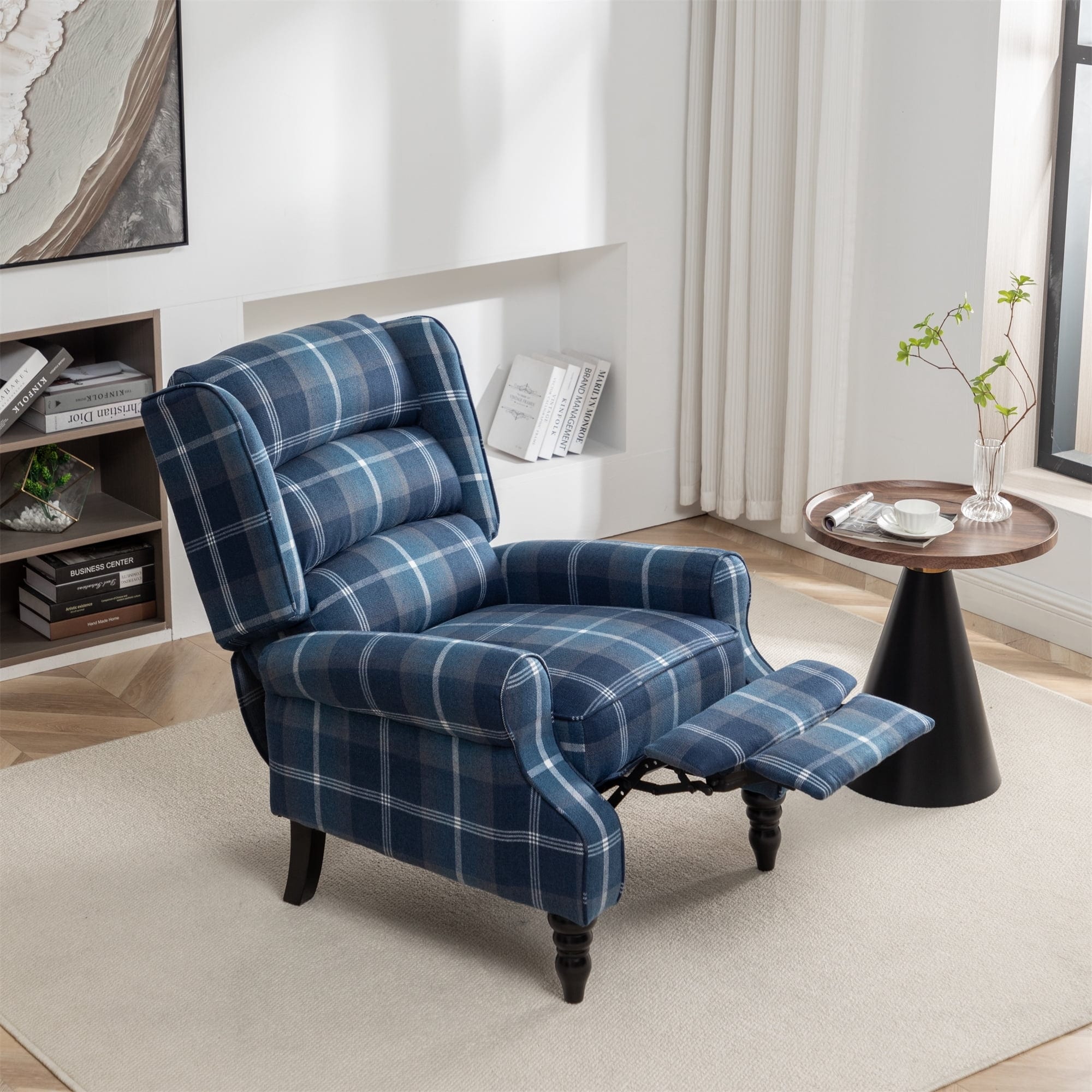 Upholstered Wingback Recliner Chair, Plaid Push Back Recliner Lounge ...