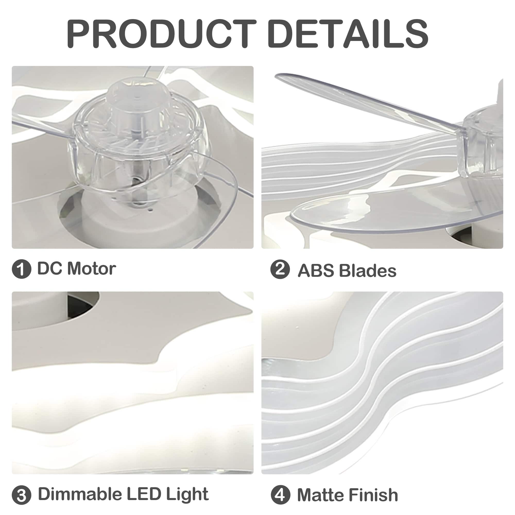 20" Modern White Flush Mount Ceiling Fan with Remote Control and APP ...