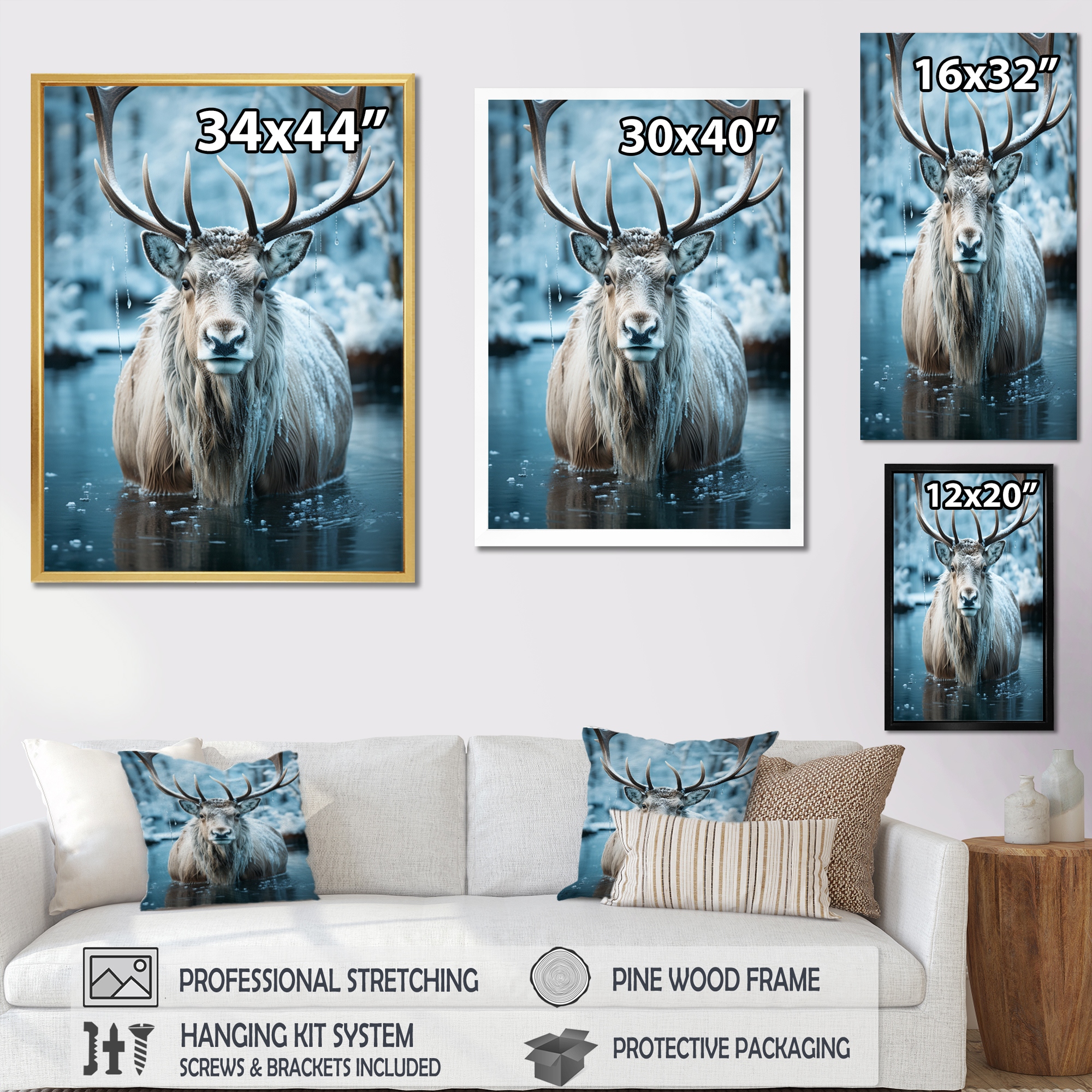 Designart Moose Frozen Majesty Moose Framed Canvas Art Print Bed