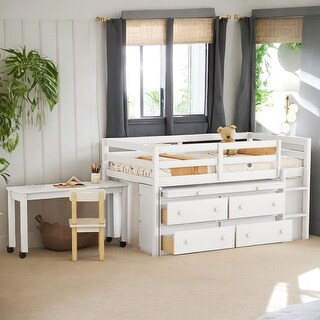 Wood Twin Size Loft Bed with Retractable Writing Desk, Drawers, Desk ...