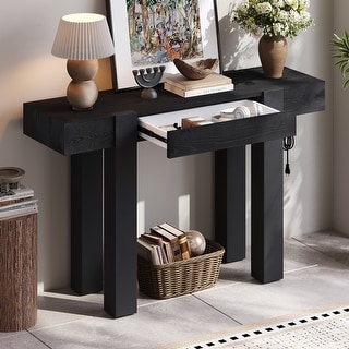 Rustic Minimalist Console Table with 1 Hidden Drawer and Side Power ...