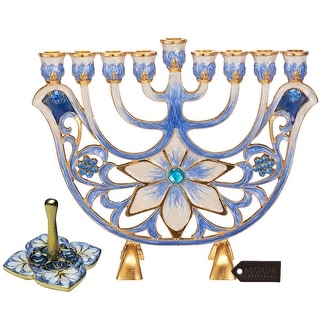 Jewish Holiday Gift Set - Blue & Ivory Flower Menorah & Floral Spinning ...