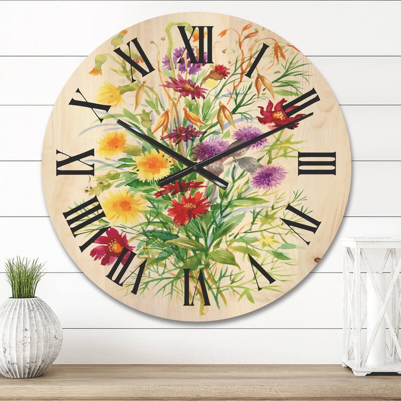 Designart 'Colorful Wildflowers In Nature' Farmhouse Wood Wall Clock ...