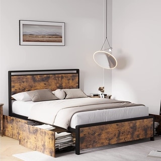Large Storage Bed Frame with 4 Drawers Metal Platform Bed Full/ Queen ...