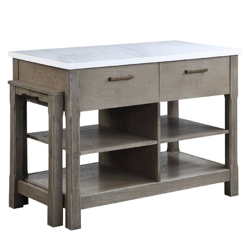 50 Inch Wood Kitchen Island, Faux Marble Top, Pull Out Table, Gray ...