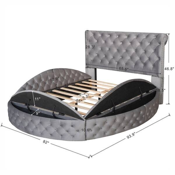 Full Size Button-tufted Round Platform Bed Velvet Upholstery Bed with ...