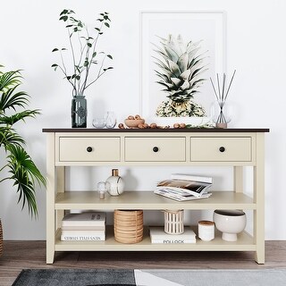 Retro Design Console Table w/2 Open Shelves, Pine Frame & Legs, Beige ...