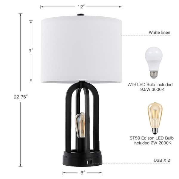 Black Table Lamp with USB Port and Nightlight, LED Bulbs Included (Set ...