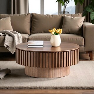 31.49'' Modern Round Coffee Table with Storage, Small Pedestal Coffee ...
