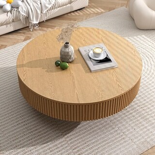31.5-inch Round Fluted Wood Coffee Table, Drum Table for Small Space ...