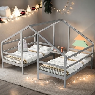 Double Twin Size Triangular House Beds with Built-in Table For Two Kids ...