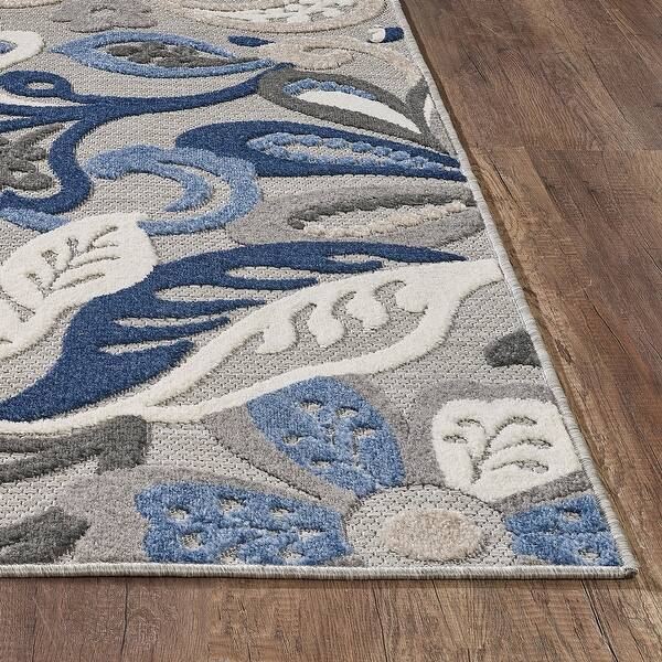 5' x 7' Blue Gray Jacobean Floral Indoor Outdoor Area Rug - 6' x 7 ...