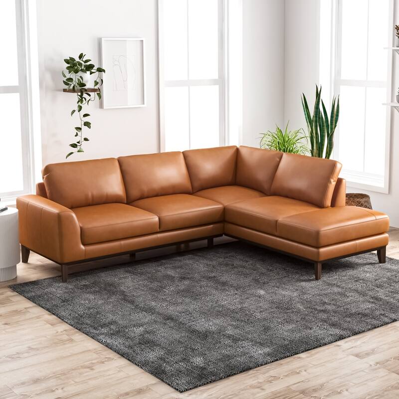 Modern Milton Cognac Tan Top Leather Corner Sectional Sofa (Right ...