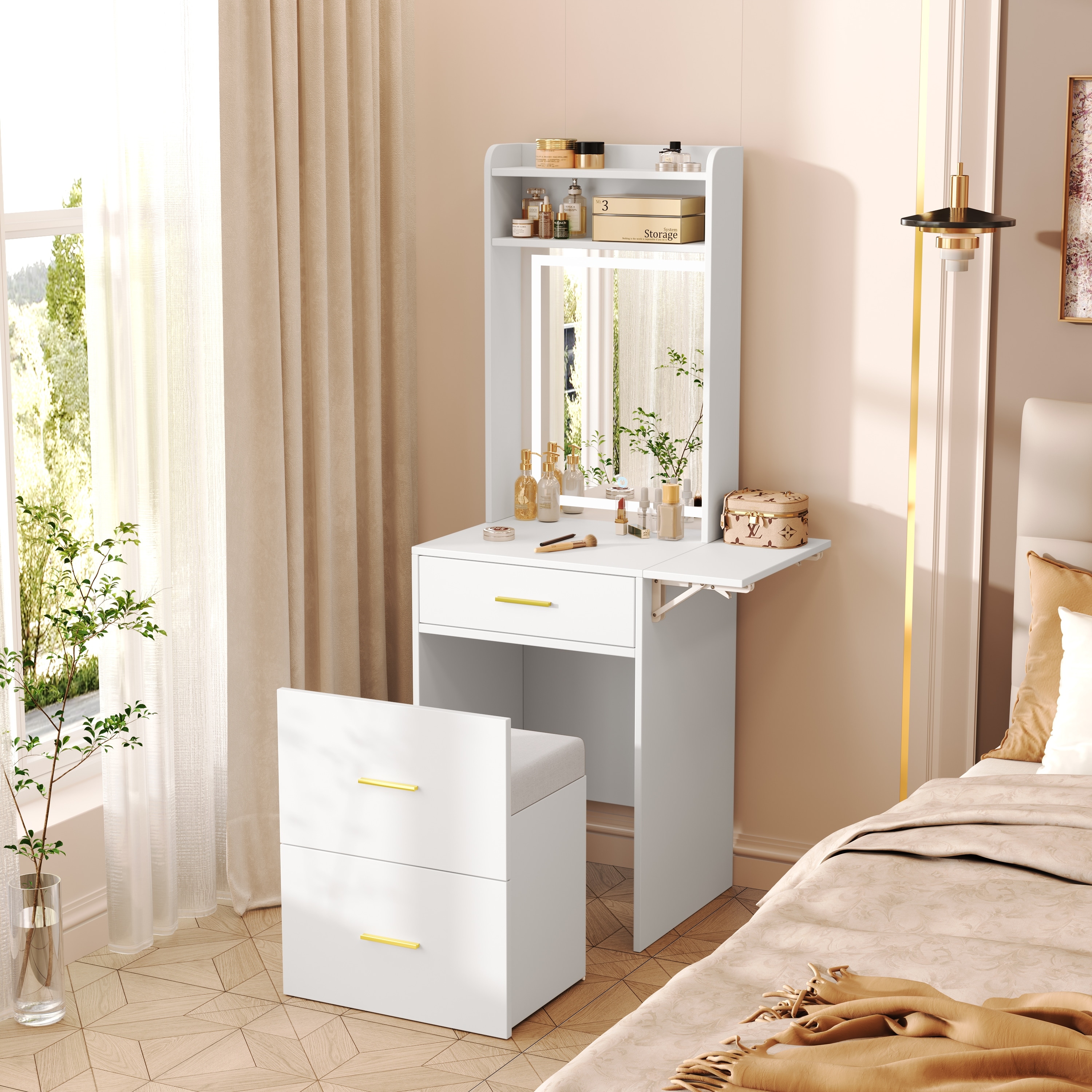 Small Vanity Desk with Mirror and Light Dressing Table with Charging Station Fold up Panel Vanity Set with Hidden Stool On Sale Bed Bath Beyond 42302638