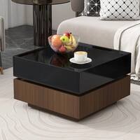Square Rotating Coffee Table with 2 Drawers, High Gloss 2-Tier Center ...