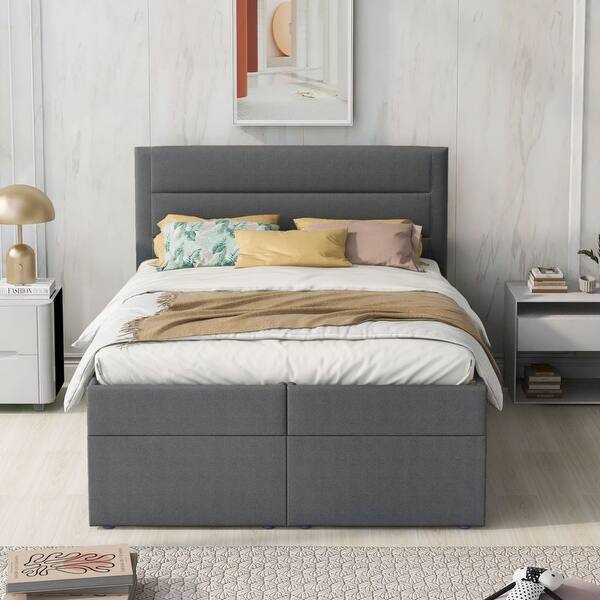 Grey Full Size Upholstered Platform Bed with Storage Underneath - Bed ...