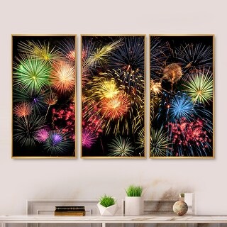Designart "Colorful Fireworks at Night Sky" Landscape Framed Wall Decor ...