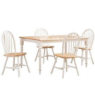5 Piece Cottage Style Dining Table Set, 4 Windsor Back Chairs, White ...