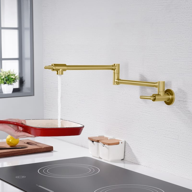 SUMERAIN Brushed Gold Pot Filler Faucet Wall Mount with Double Joint Swing Arms and Two Handle ...