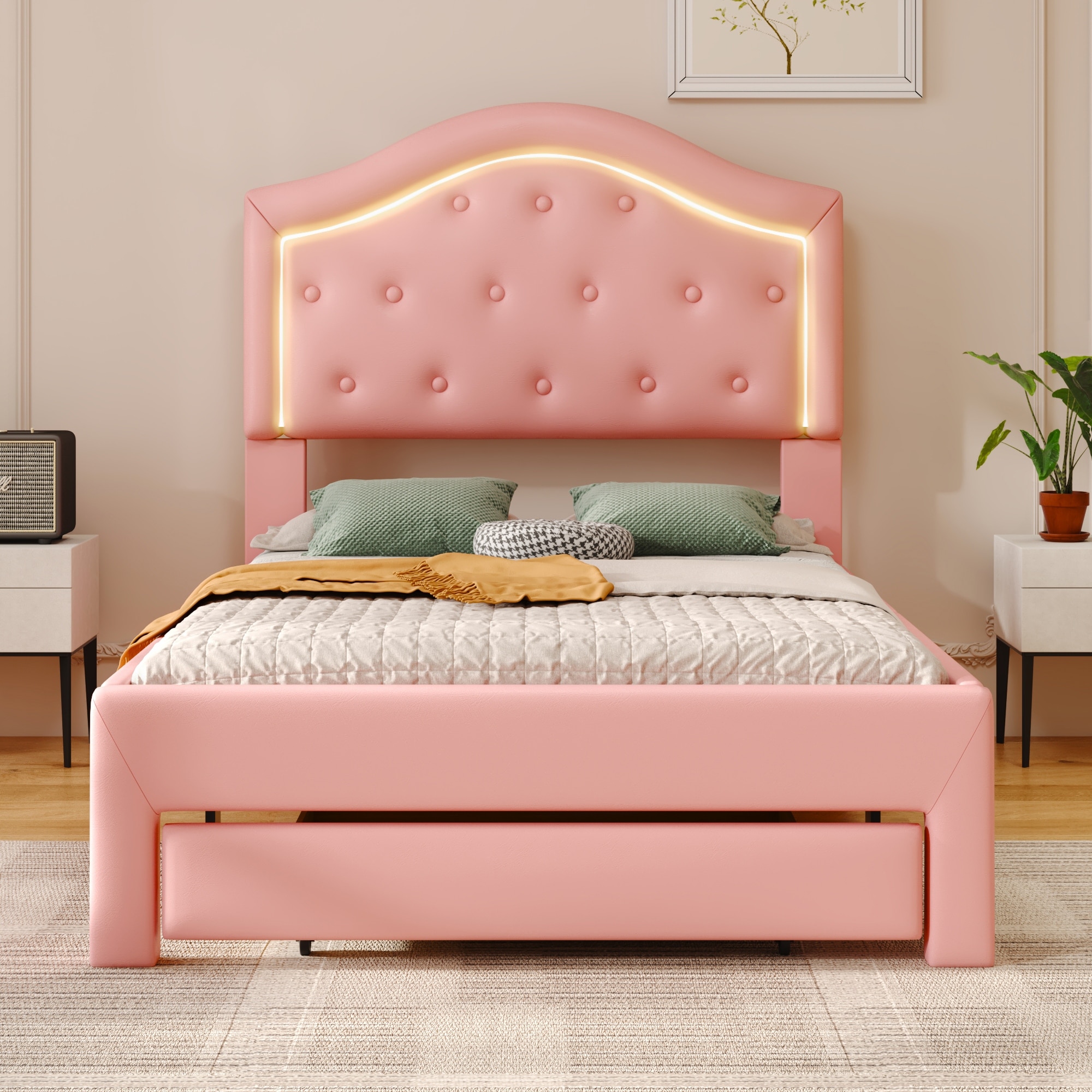 Pink upholstered platform bed store
