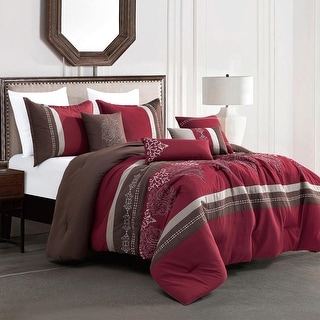7 Piece Burgundy Brown Embroidery Soft Bedding Comforter Set - Bed Bath ...