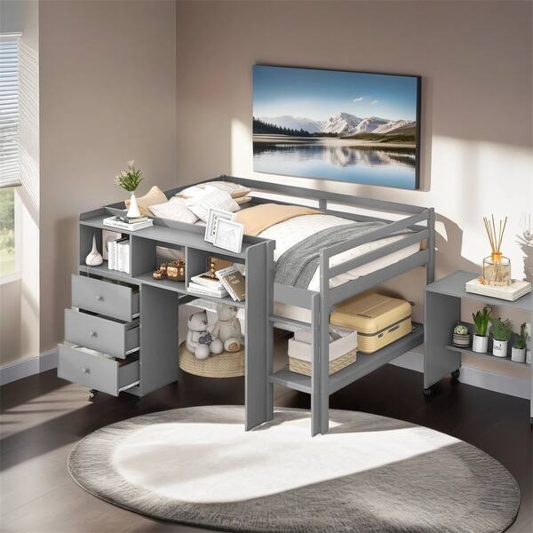 Full Size Low Loft Bed with Rolling Portable Desk, Drawers and Shelves ...