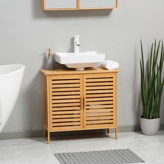 Bamboo Under Sink Cabinet with 2 Slatted Doors, Freestanding Bathroom ...