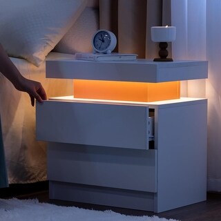 Nightstand LED Bedside Table Cabinet Lights Modern End Side with 2 ...