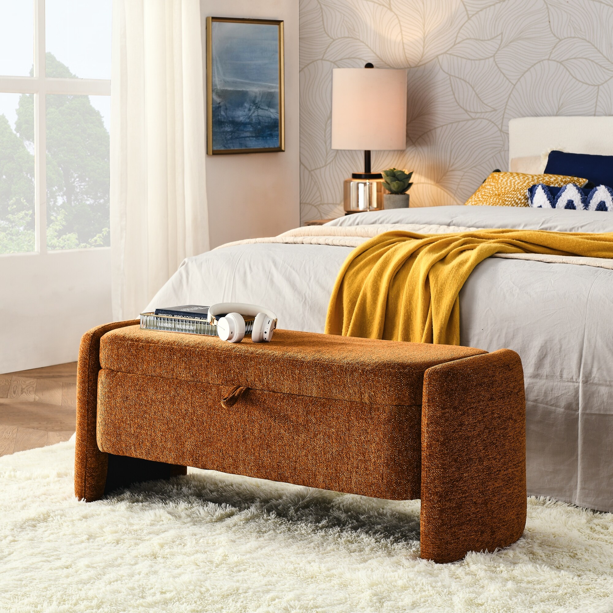 Orange Oval Ottoman Storage Bench Chenille Fabric with Hidden Storage for Bedroom or Entryway Seating Bed Bath Beyond 42403879