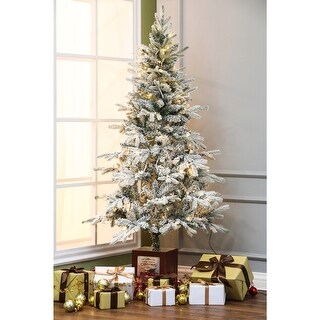 Snow Flocked 5ft Artificial Christmas Tree with Red Wood Base and Clear ...