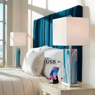 Set of 2 Coastal Table Lamps with USB Port LED Blue - 9" x 25" - On ...