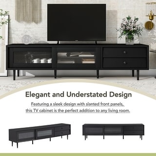 Black TV Cabinet w/ Sliding Fluted Glass Doors & Front Slanted Drawers ...