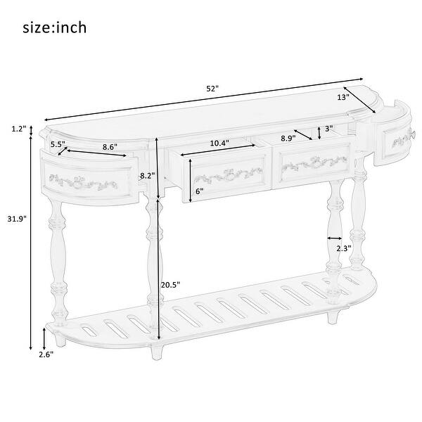 52'' Curved Console Table Sofa Table Entryway Table with 4 Drawers and ...