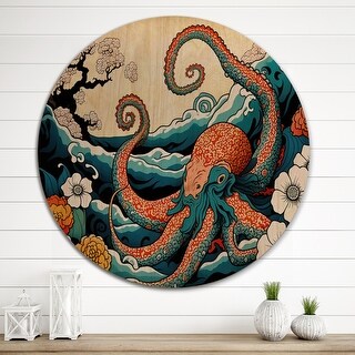 Designart "Japanese Landscape With Octopus IV" Japanese / Country Wood ...