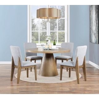 Delphine 5 Piece Round Oak Finish Dining Table Set with Gray Chairs ...