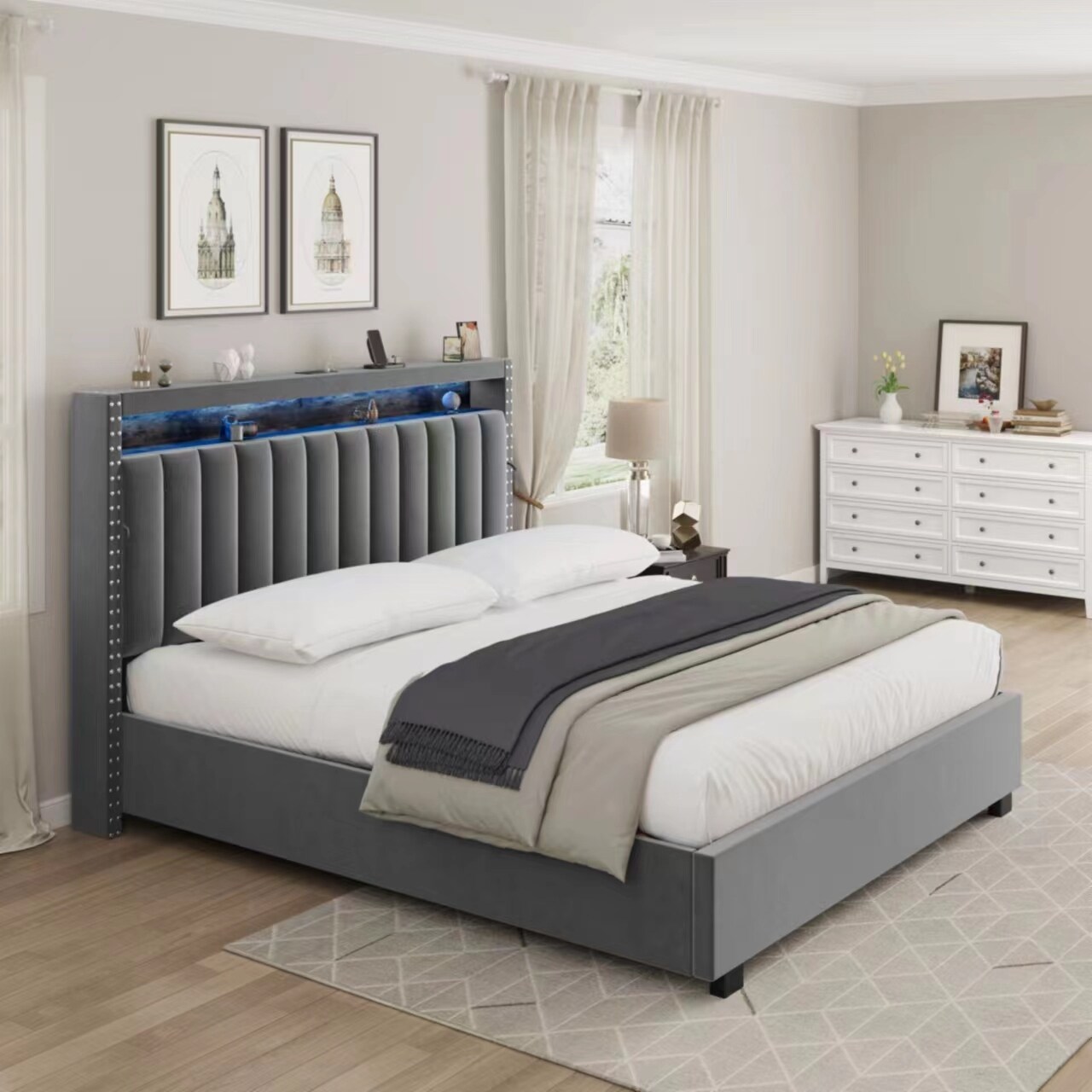 King Size Lift Platform Bed with LED Lights Storage Headboard Grey