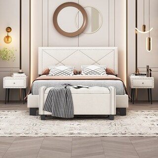 4-Pieces Bedroom Sets Queen Size Upholstered Bed Frame with Rivet ...