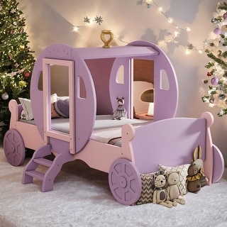 Twin size Princess Carriage Bed with Crown,Wood Platform Car Bed with ...