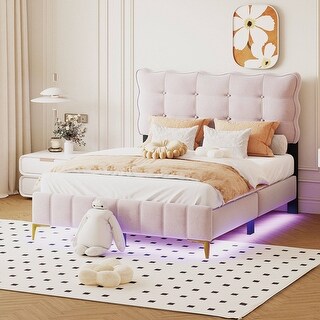 Velvet Upholstery Platform Bed with LED Frame and Stylish Mental Bed ...