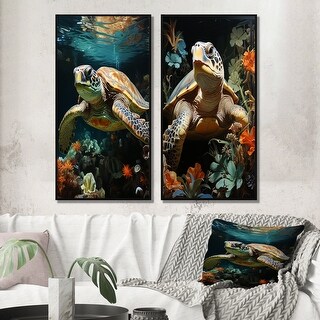 Designart "Turtle Tranquility In The Ocean" Turtle Framed Wall Art Set ...