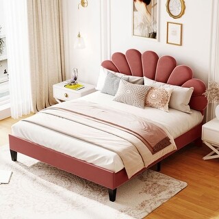 Platform Bed Frame Flower Shape Headboard Upholstered Stylish Red - Bed ...