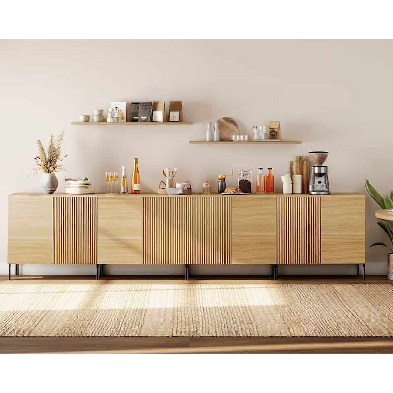 126" Wooden Fluted Sideboard with 8 Doors and Adjustable Shelves, 4-In ...