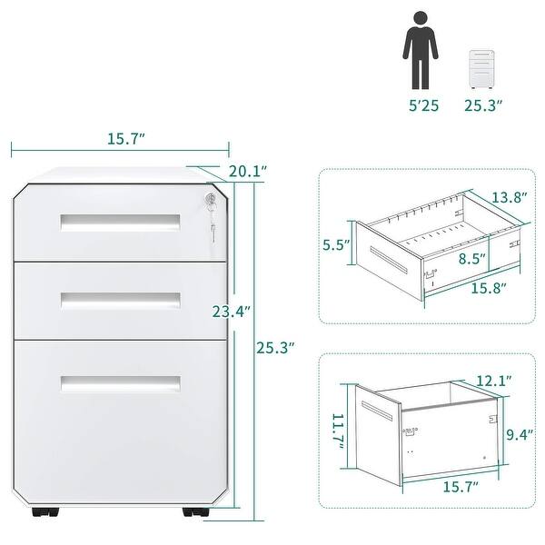 3-Drawer Filing Cabinet Office Drawers with Lock, Divider and Pencil ...