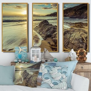 Designart "Sunset at Beach Vintage Style" Sea & Shore Framed Art Set of ...